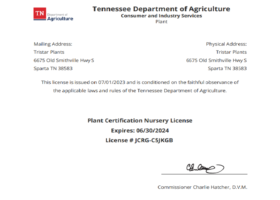 License and Certificates – Tristar Plants